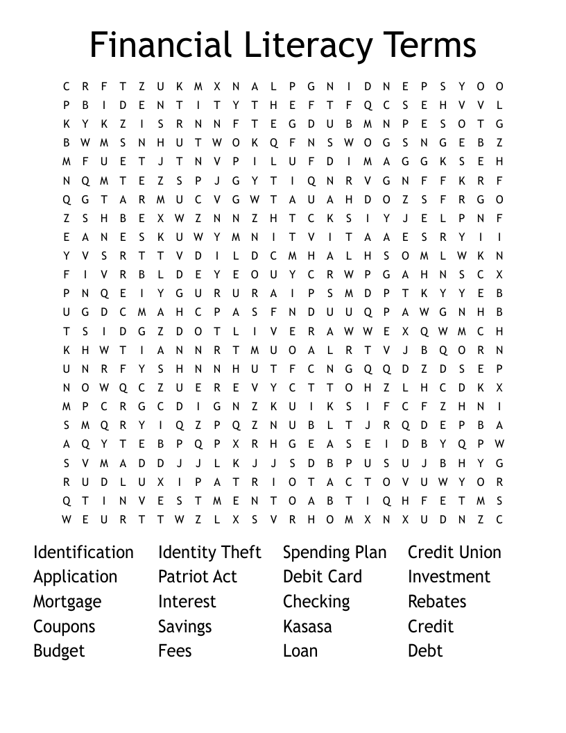 Personal Financial Literacy Word Search WordMint