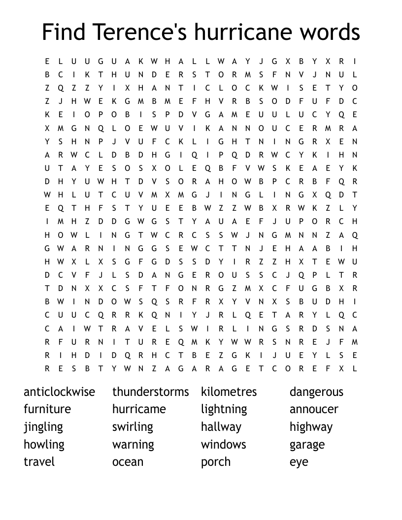 Find Terence's hurricane words Word Search - WordMint