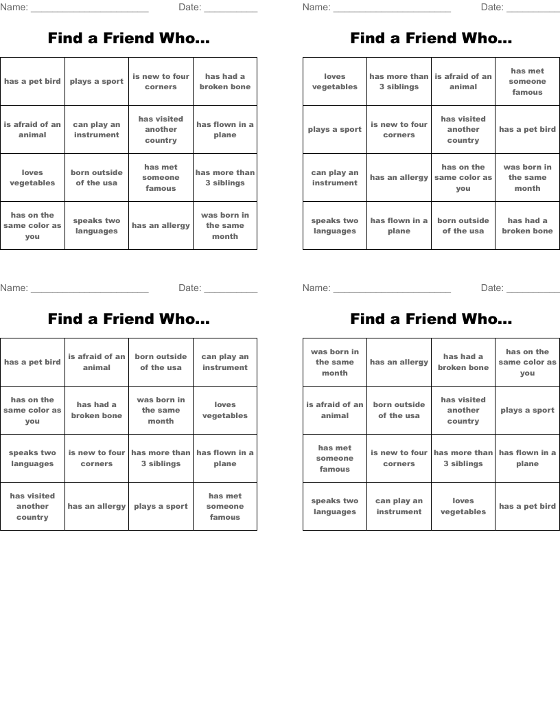 Find a Friend Who... Bingo Cards - WordMint