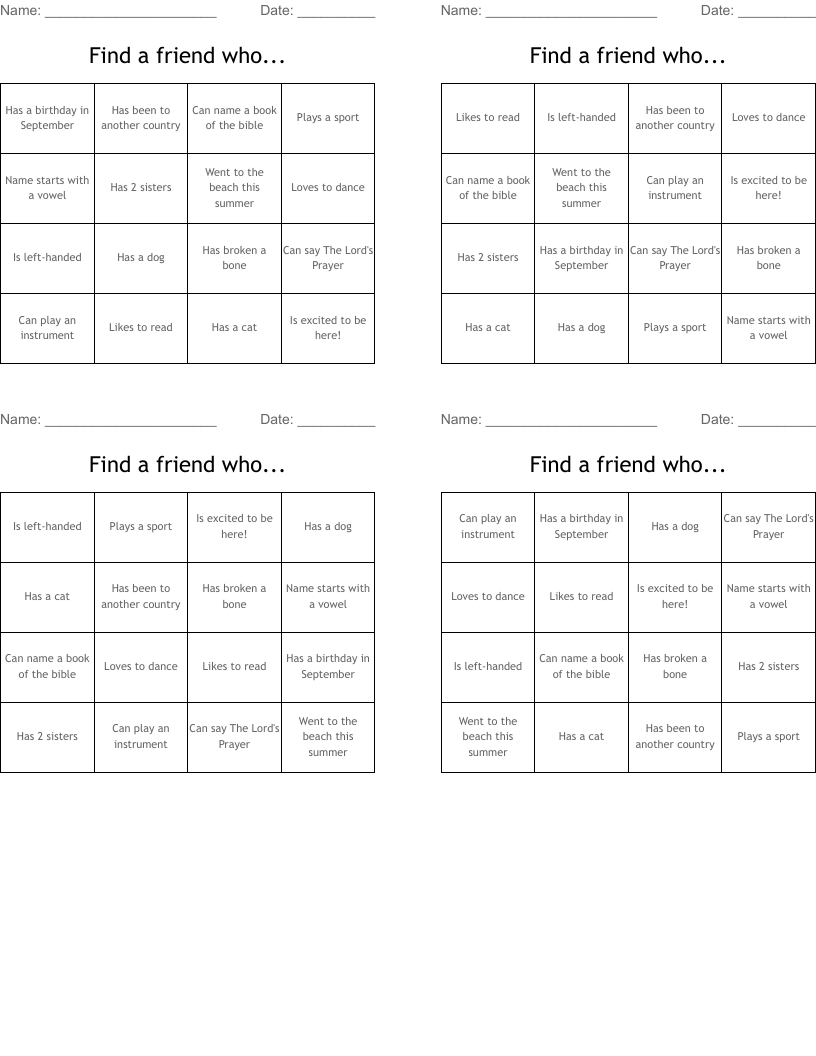 Find a friend who... Bingo Cards - WordMint