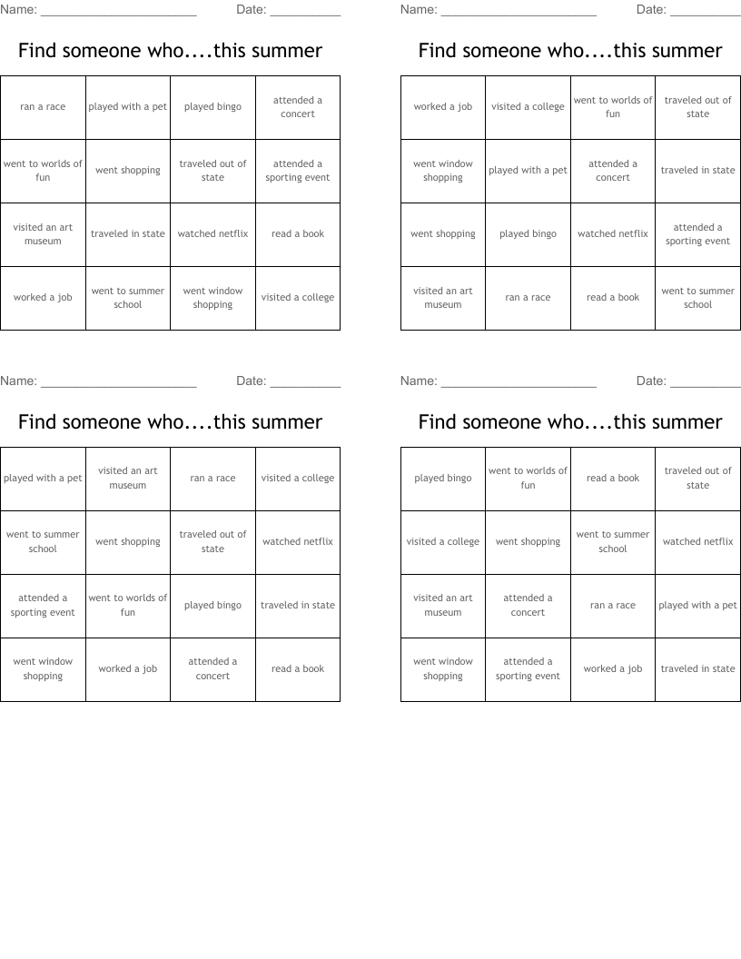 Find someone who....this summer Bingo Cards - WordMint