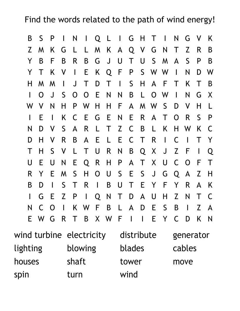 Find the words related to the path of wind energy! Word Search - WordMint