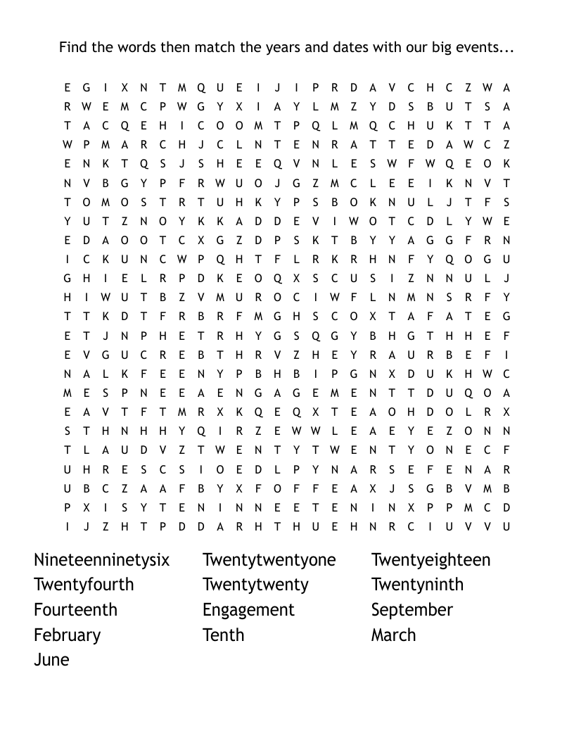 Find the words then match the years and dates with our big events ...