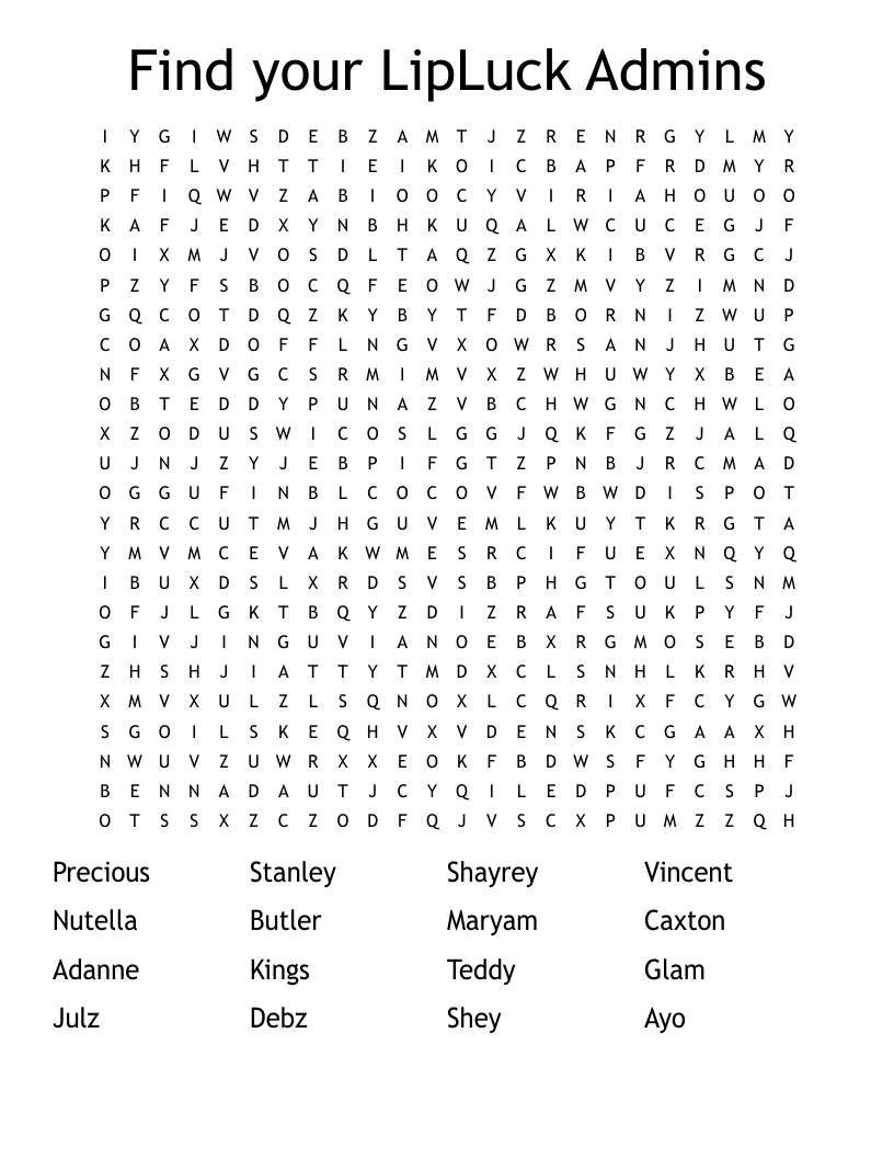 Find your LipLuck Admins Word Search - WordMint