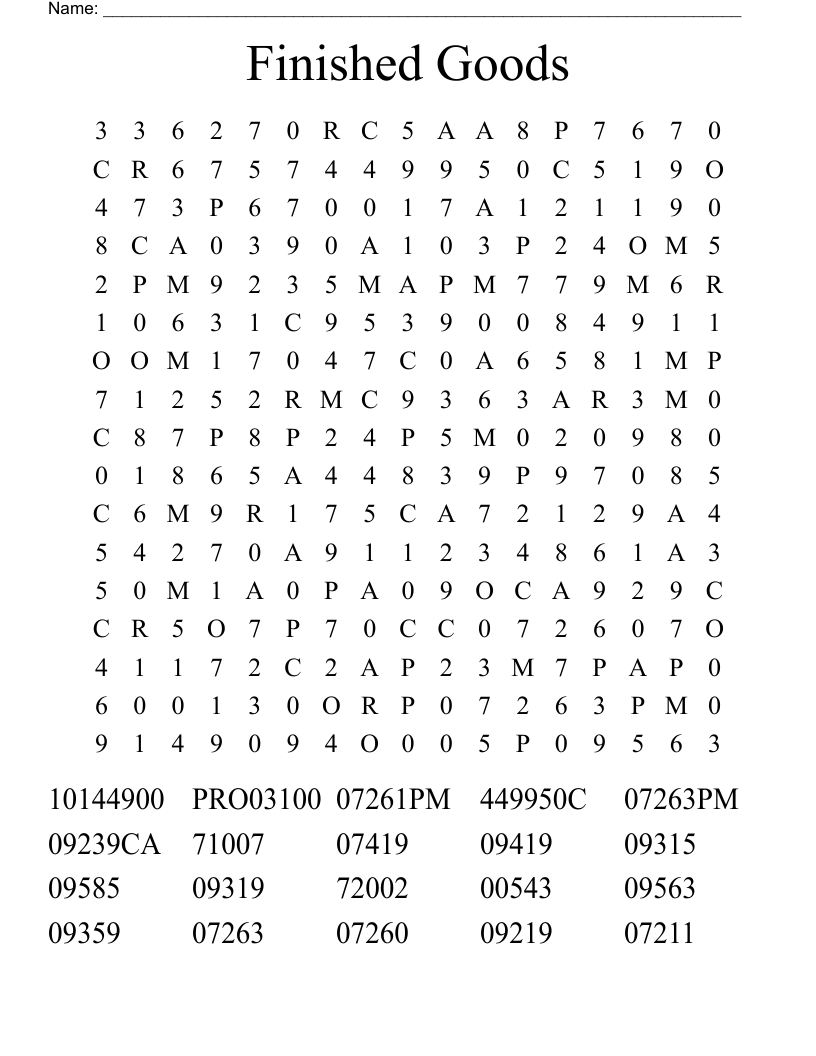 Finished Goods Word Search - WordMint