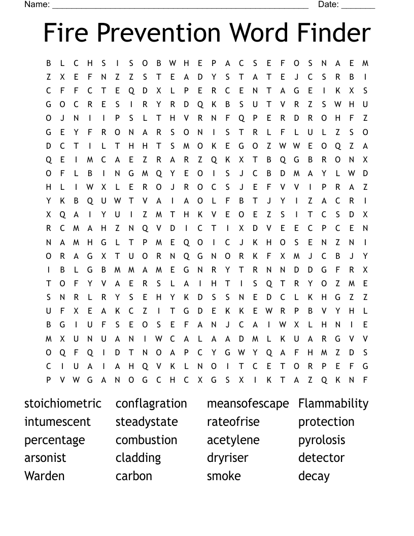 Fire Prevention Word Finder Word Search - WordMint