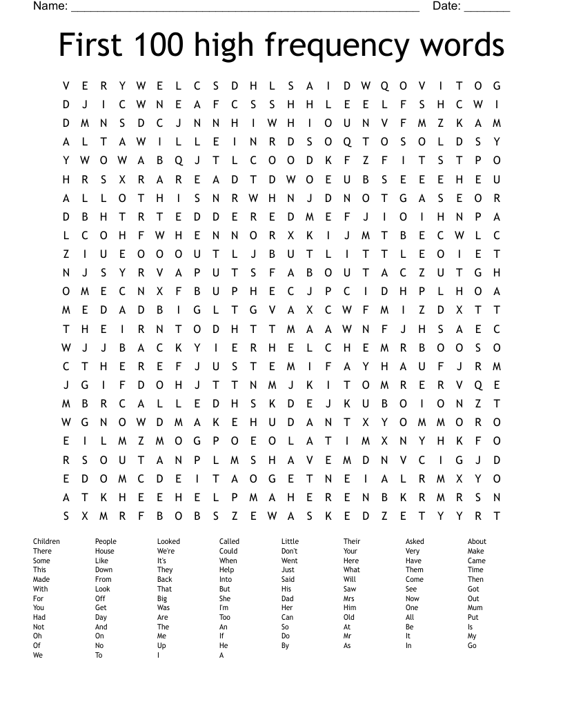 First 100 High Frequency Words Word Search WordMint