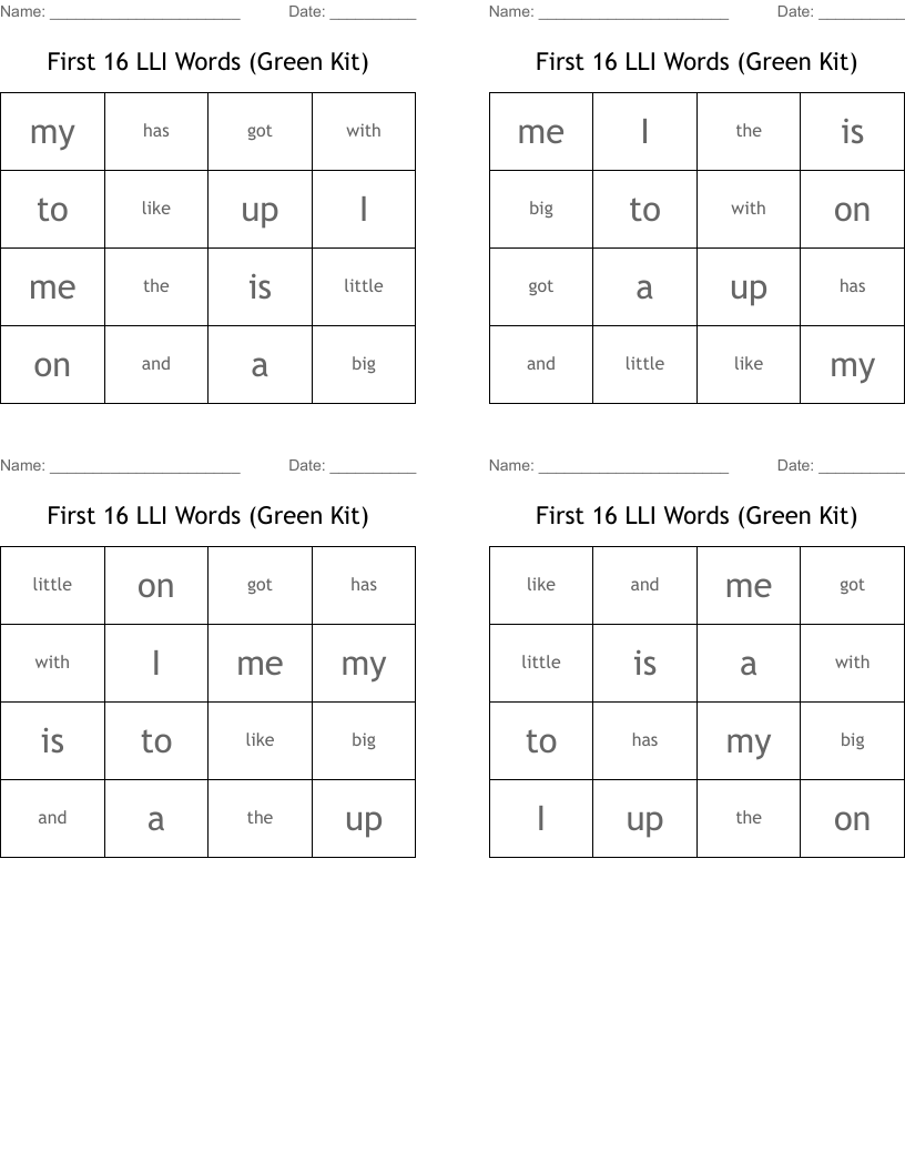 First 16 LLI Words (Green Kit) Bingo Cards - WordMint