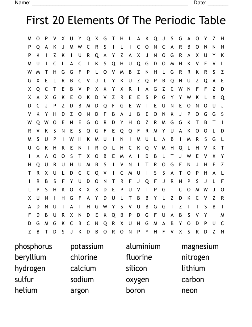 Periodic Table 1st 20 Elements Word Search WordMint