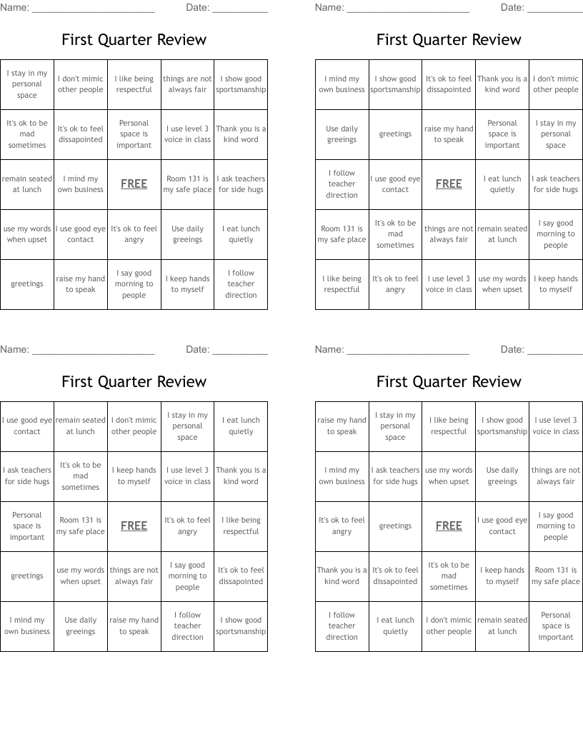 First Quarter Review Bingo Cards - WordMint