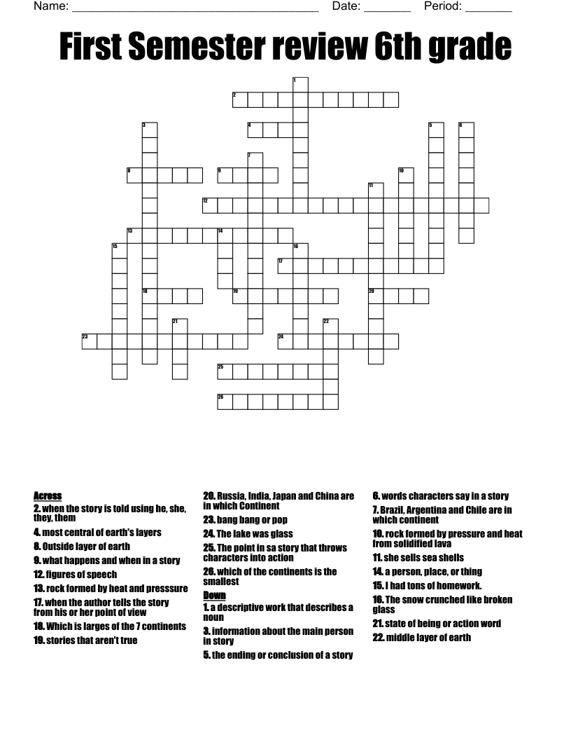 First Semester review 6th grade Crossword - WordMint