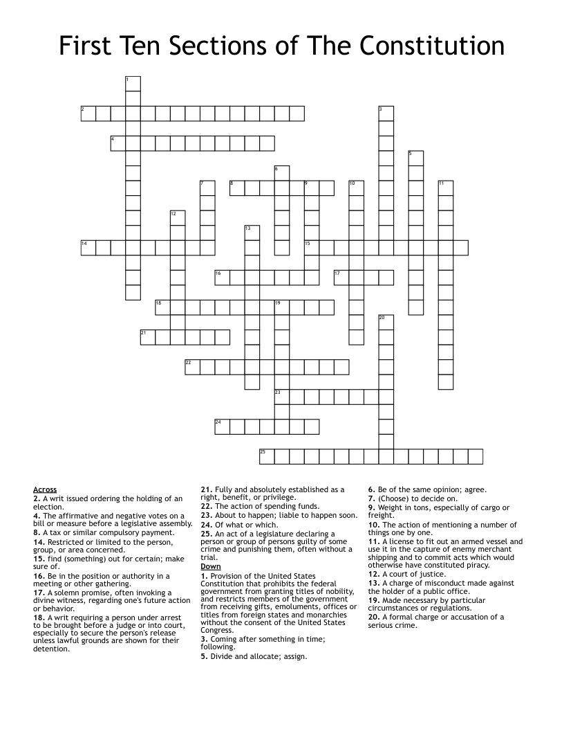 First Ten Sections of The Constitution Crossword - WordMint