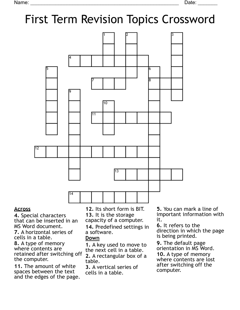 First Term Revision Topics Crossword - WordMint