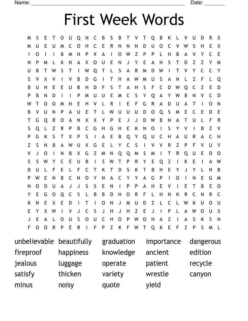 First Week Words Word Search - WordMint