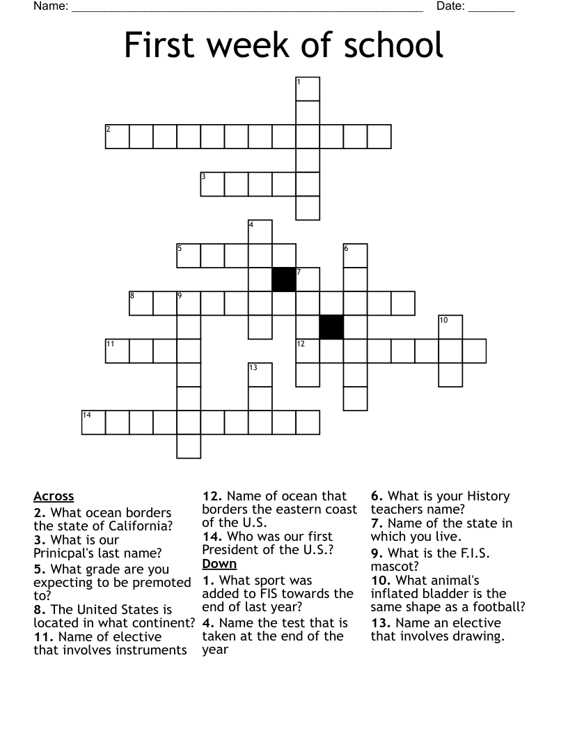 First week of school Crossword - WordMint
