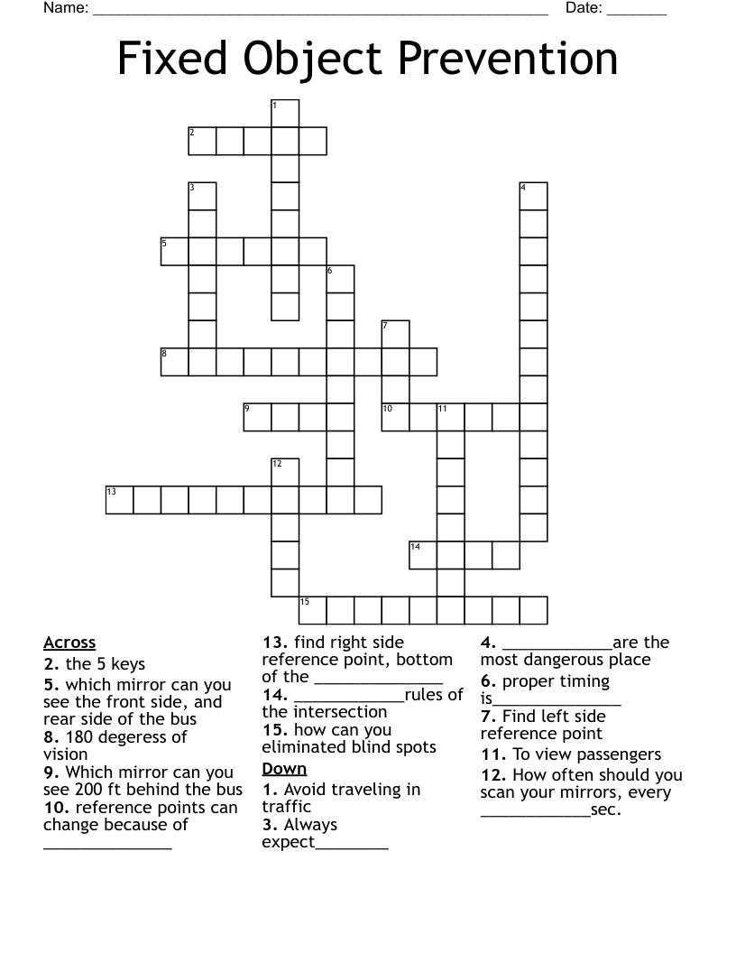 Fixed Object Prevention Crossword - WordMint
