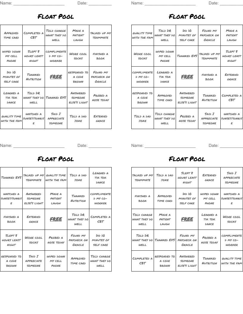 Float Pool Bingo Cards - WordMint
