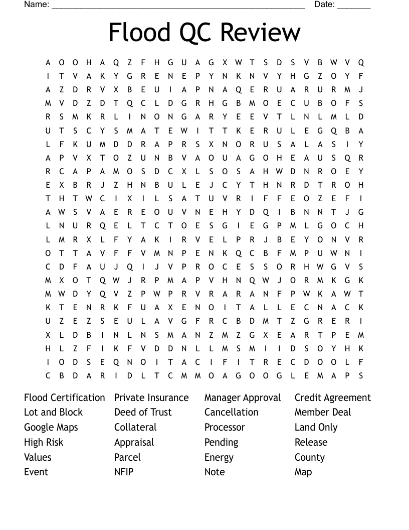 Flood QC Review Word Search - WordMint