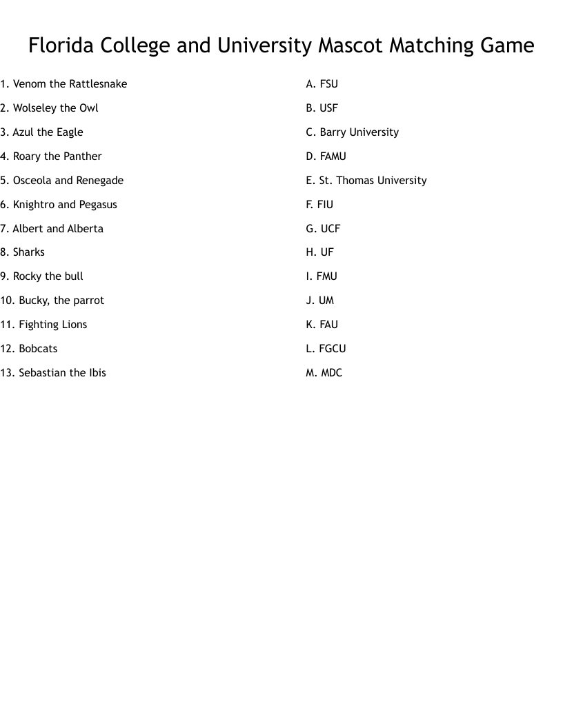 Florida College and University Mascot Matching Game Worksheet - WordMint