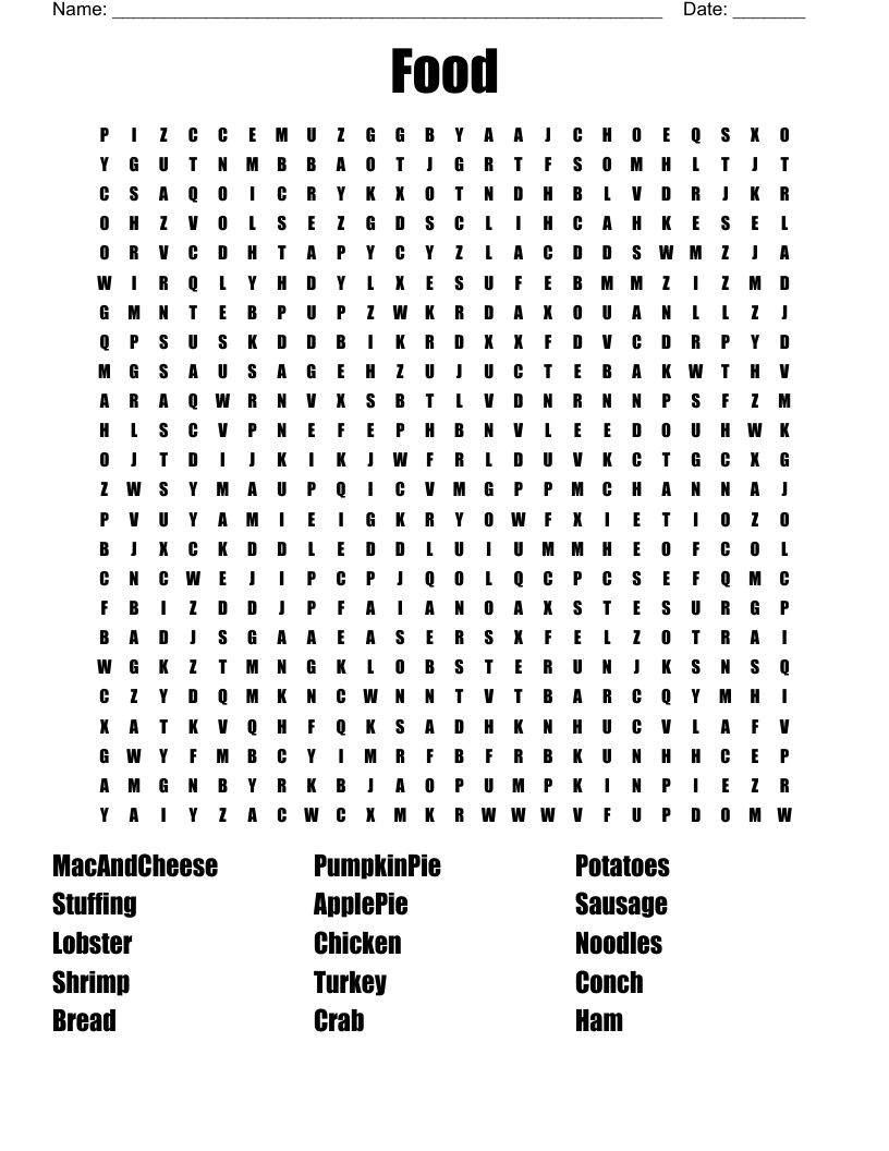 Food Word Search Free Printable