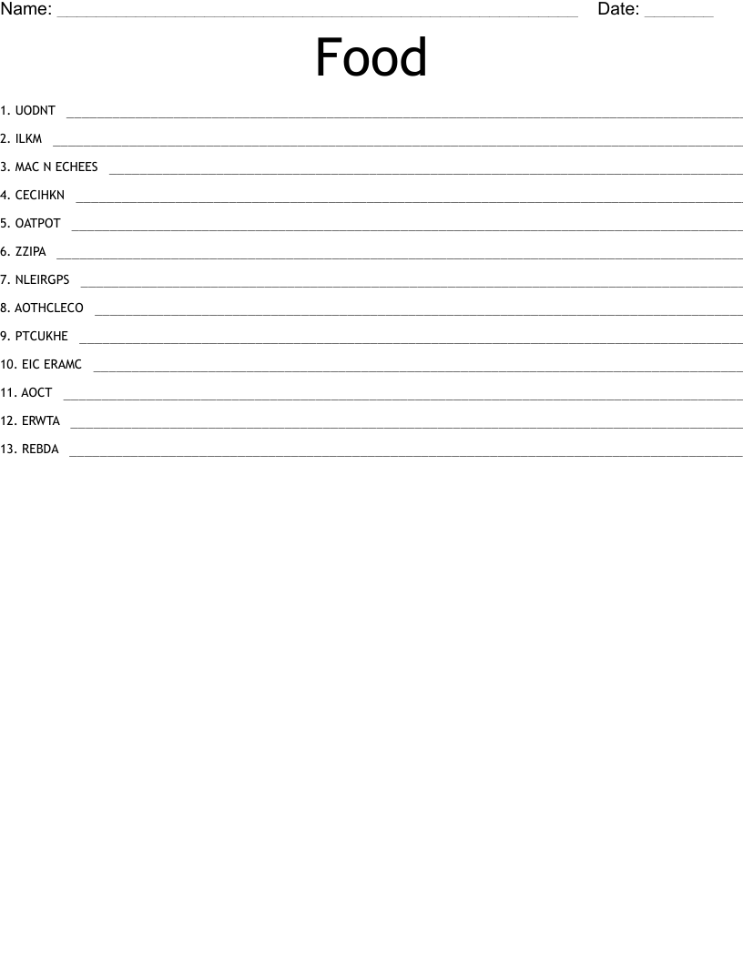 Food Word Scramble - WordMint