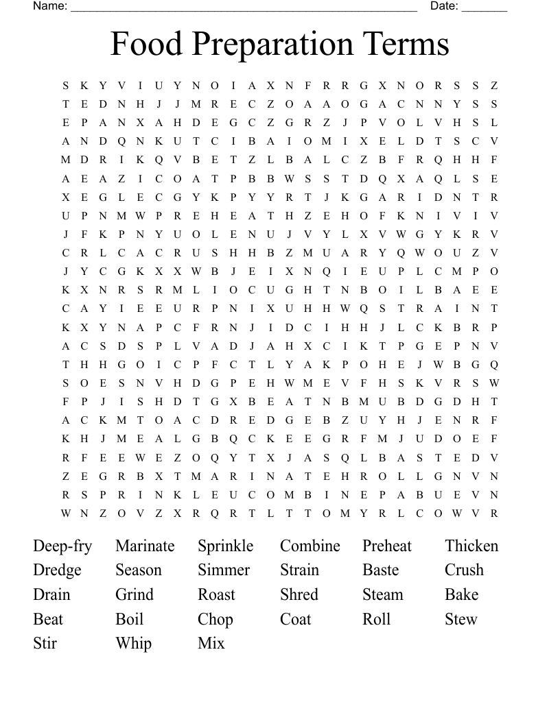 Food Preparation Terms Word Search WordMint