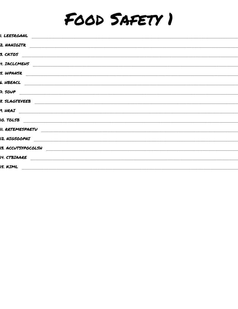 Food Safety 1 Word Scramble - WordMint