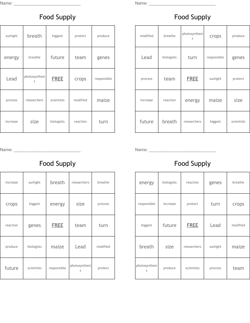 Food Supply Bingo Cards WordMint food-supply-bingo-cards-wordmint