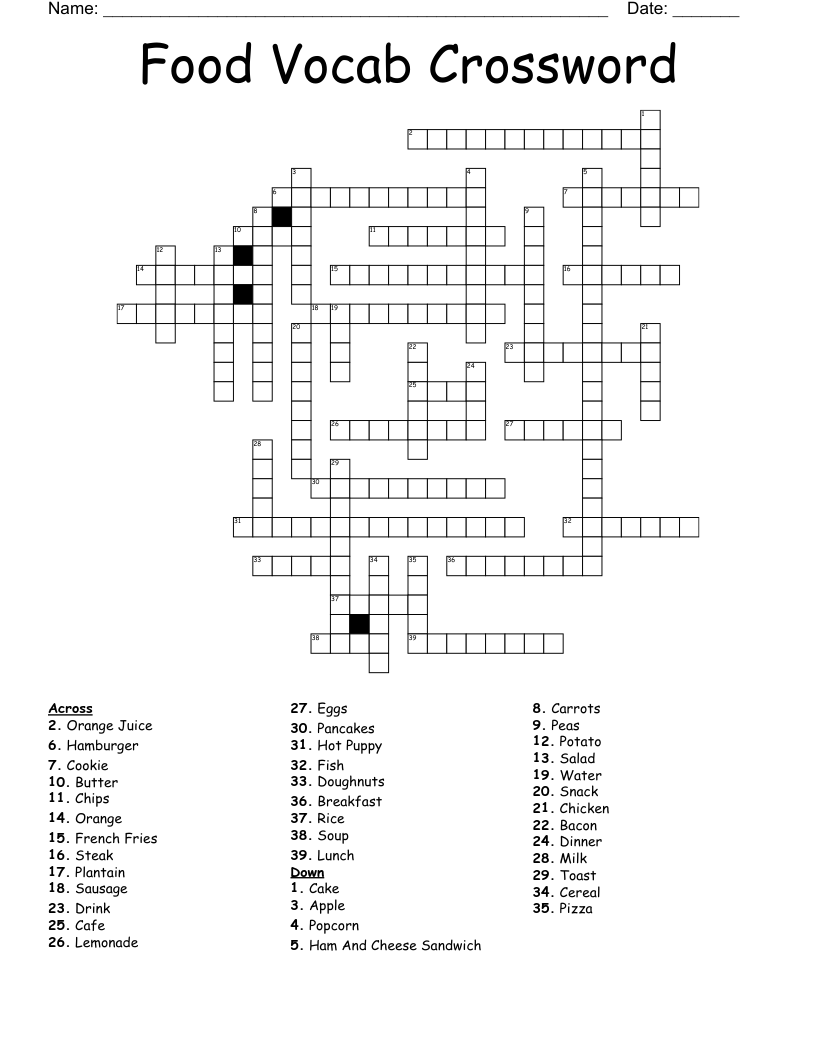 Food Vocab Crossword WordMint