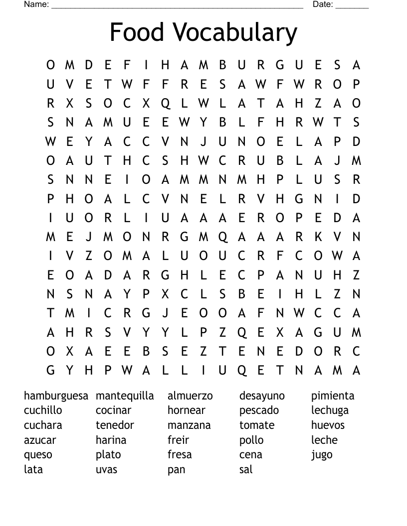 Food Vocabulary Word Search WordMint
