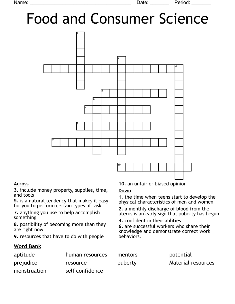 Food and Consumer Science Crossword - WordMint