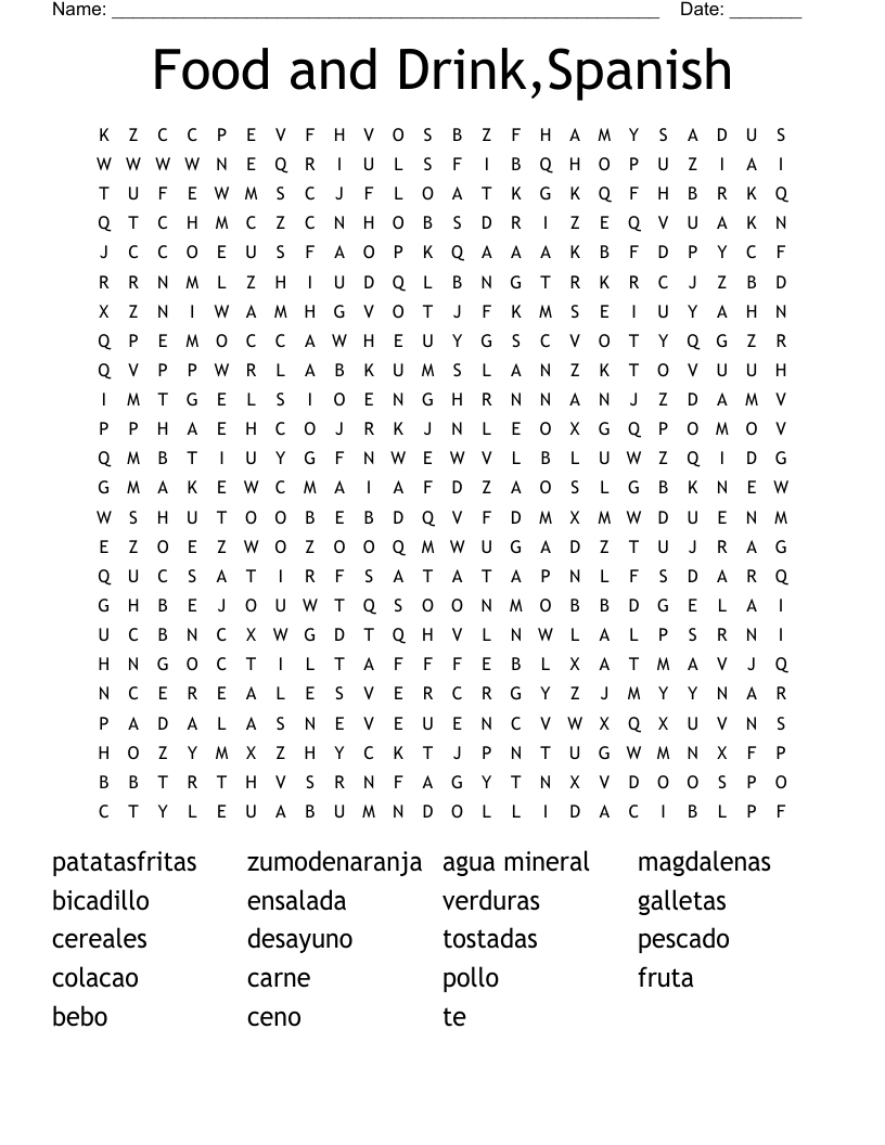 Food And Drink Spanish Word Search WordMint