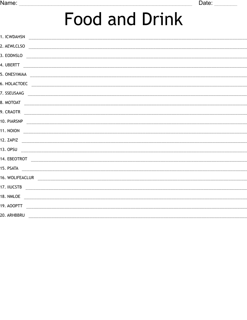 Food and Drink Word Scramble - WordMint