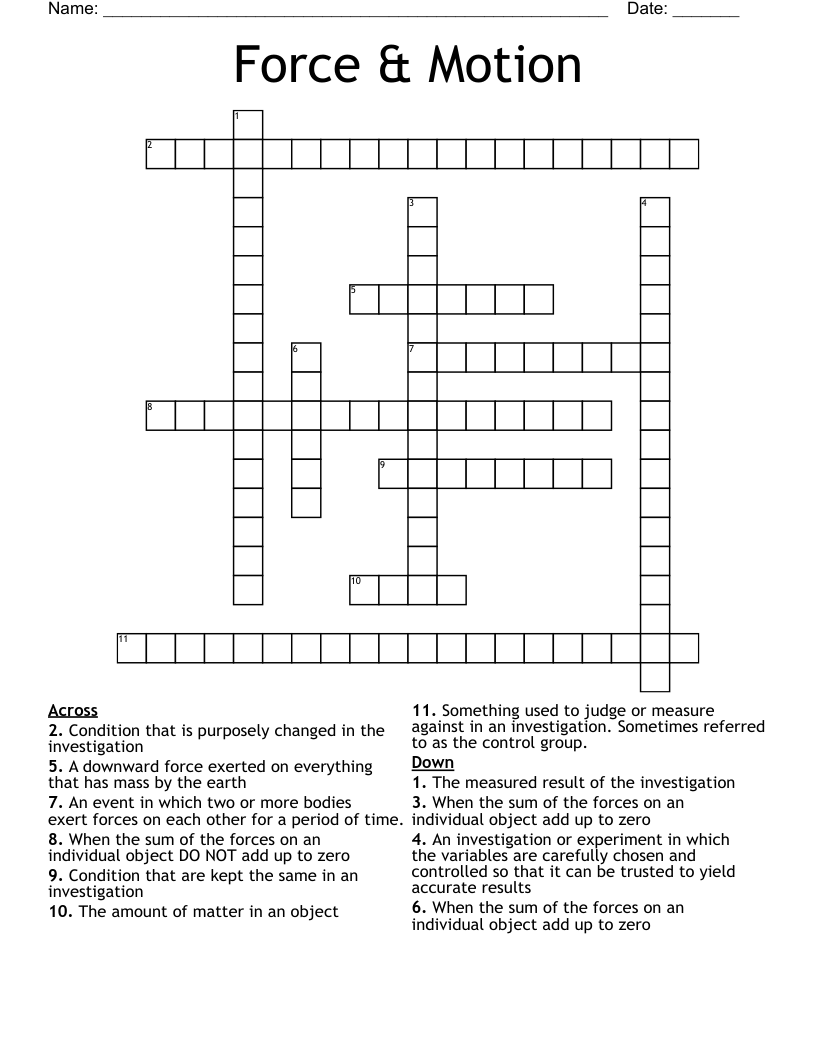 Force & Motion Crossword - WordMint