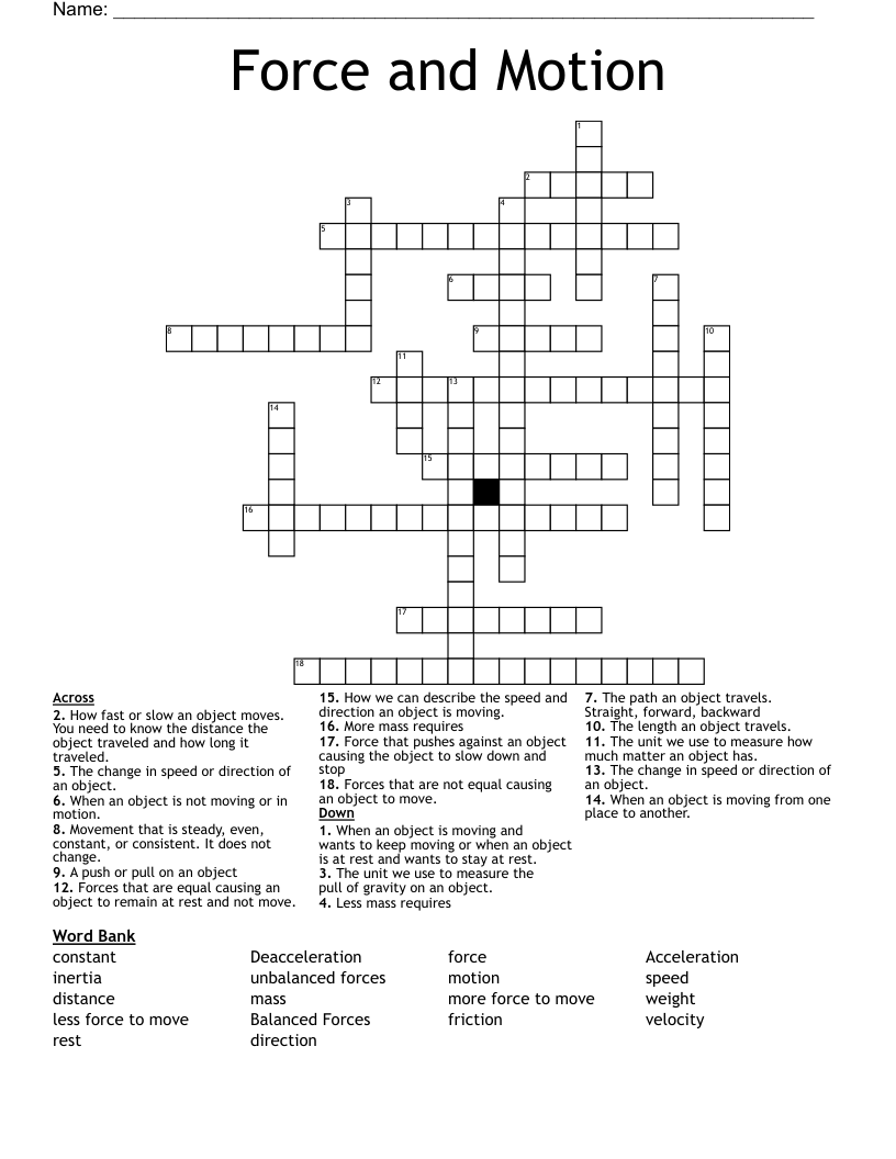 Force and Motion Crossword - WordMint