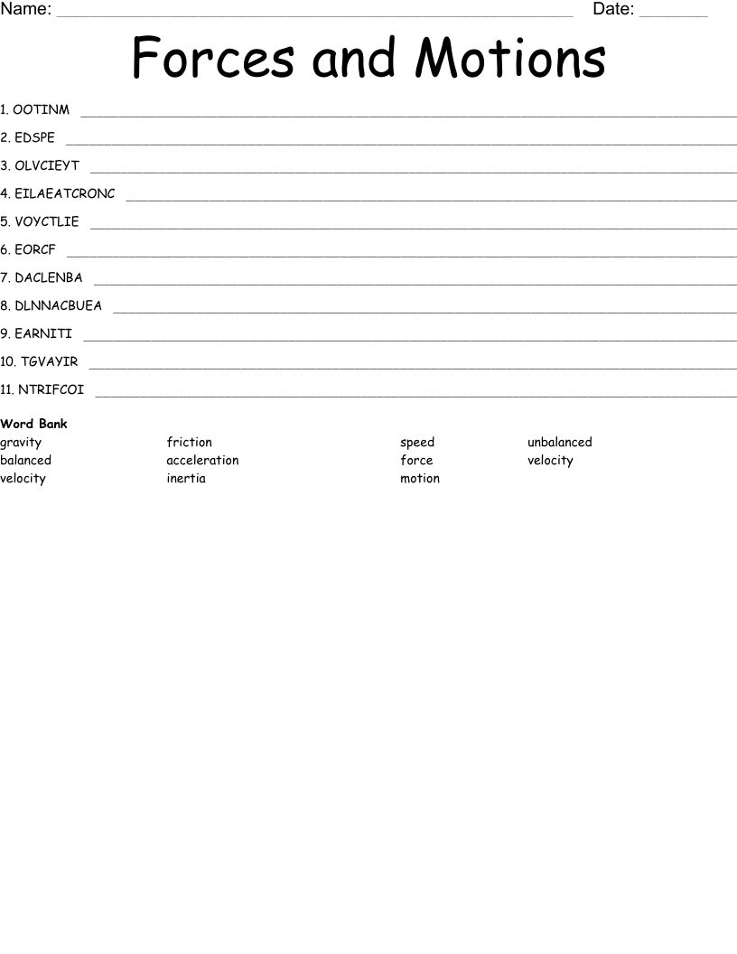 Forces and Motions Word Scramble - WordMint