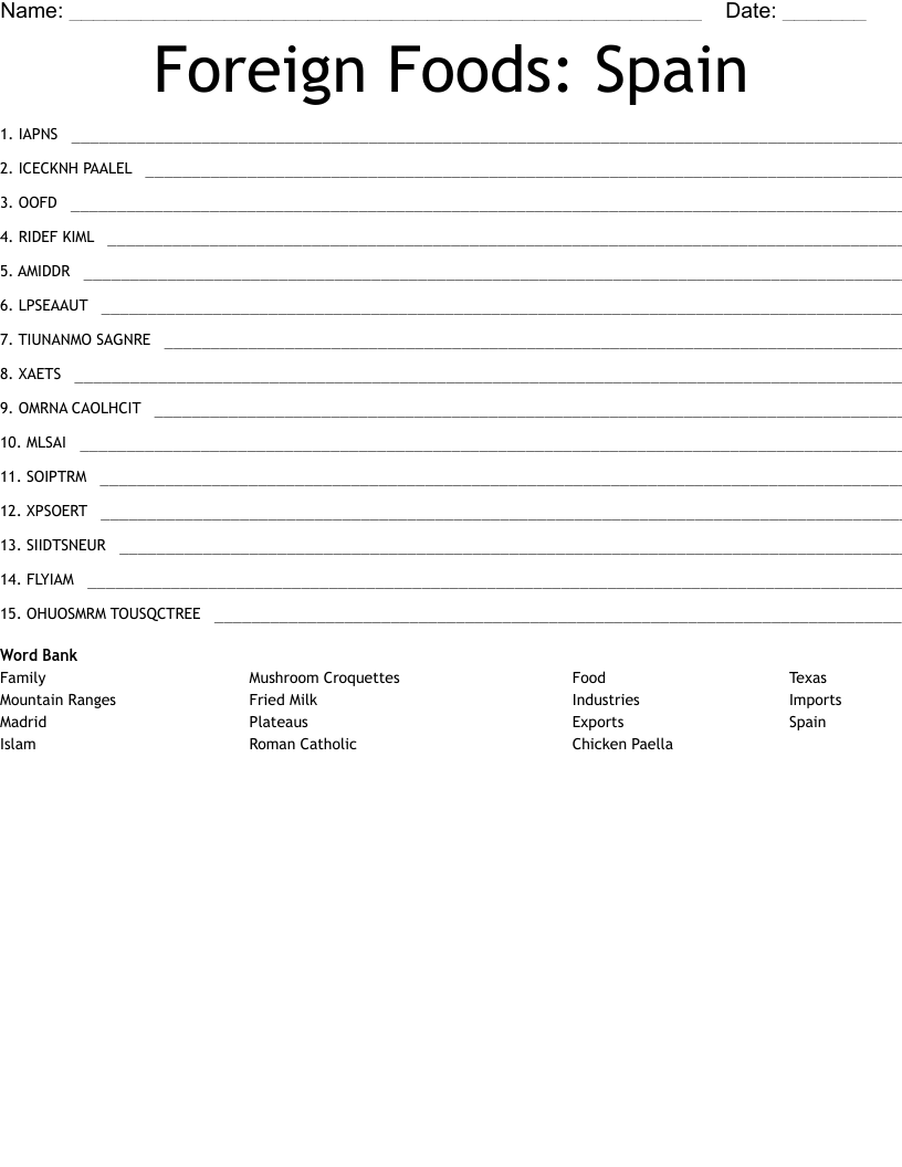 Foreign Foods: Spain Word Scramble - WordMint