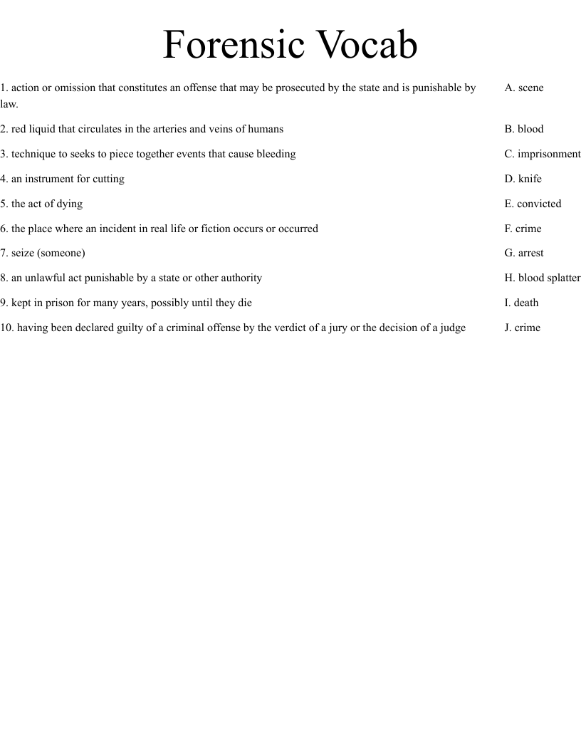 Forensic Vocab Worksheet - WordMint