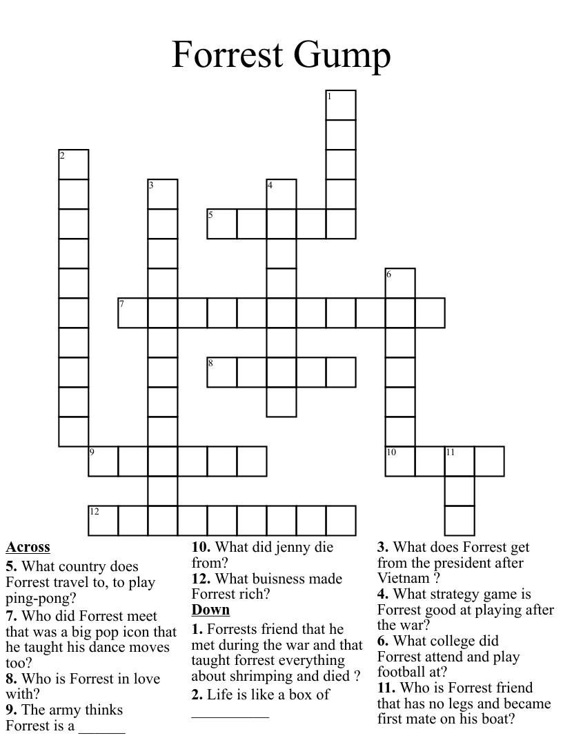 Forrest Gump Crossword Word Search - WordMint