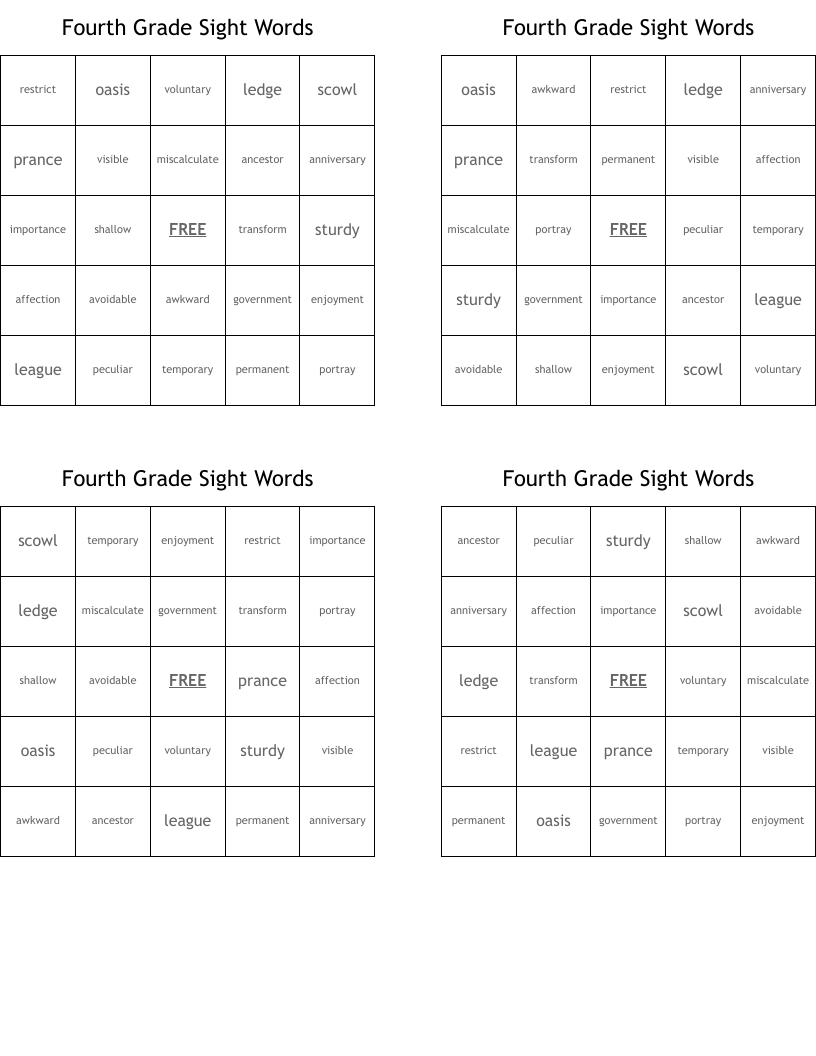 Fourth Grade Sight Words Bingo Cards - WordMint