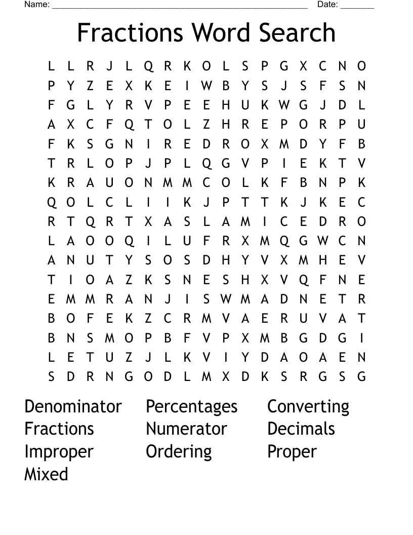 Fractions Word Search - WordMint
