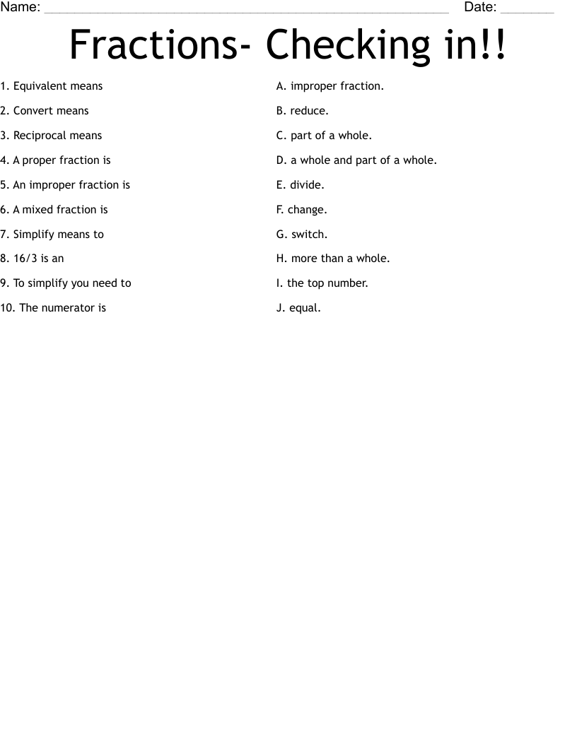 Fractions- Checking in!! Worksheet - WordMint