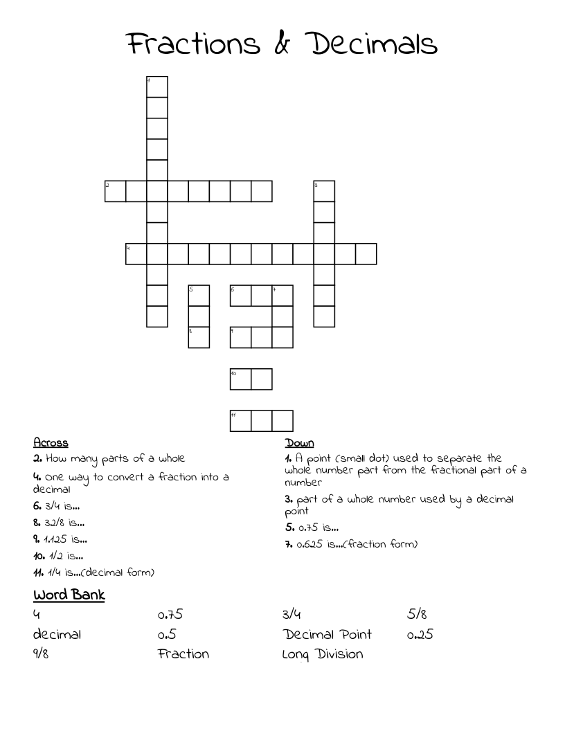 Fractions Decimals Crossword WordMint