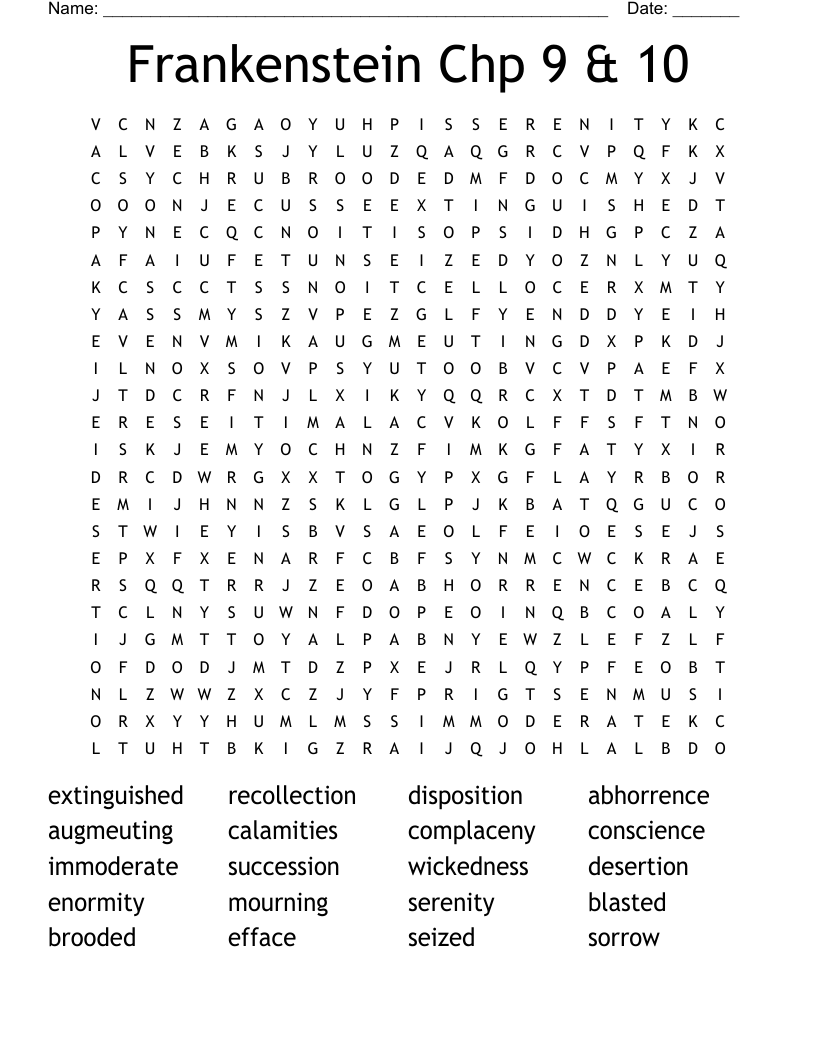 Frankenstein Chp 9 & 10 Word Search - WordMint
