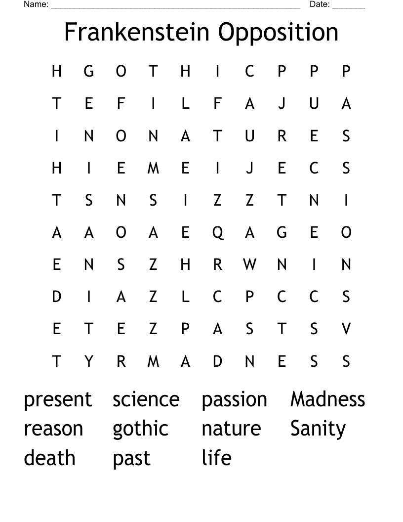 Frankenstein Opposition Word Search - WordMint