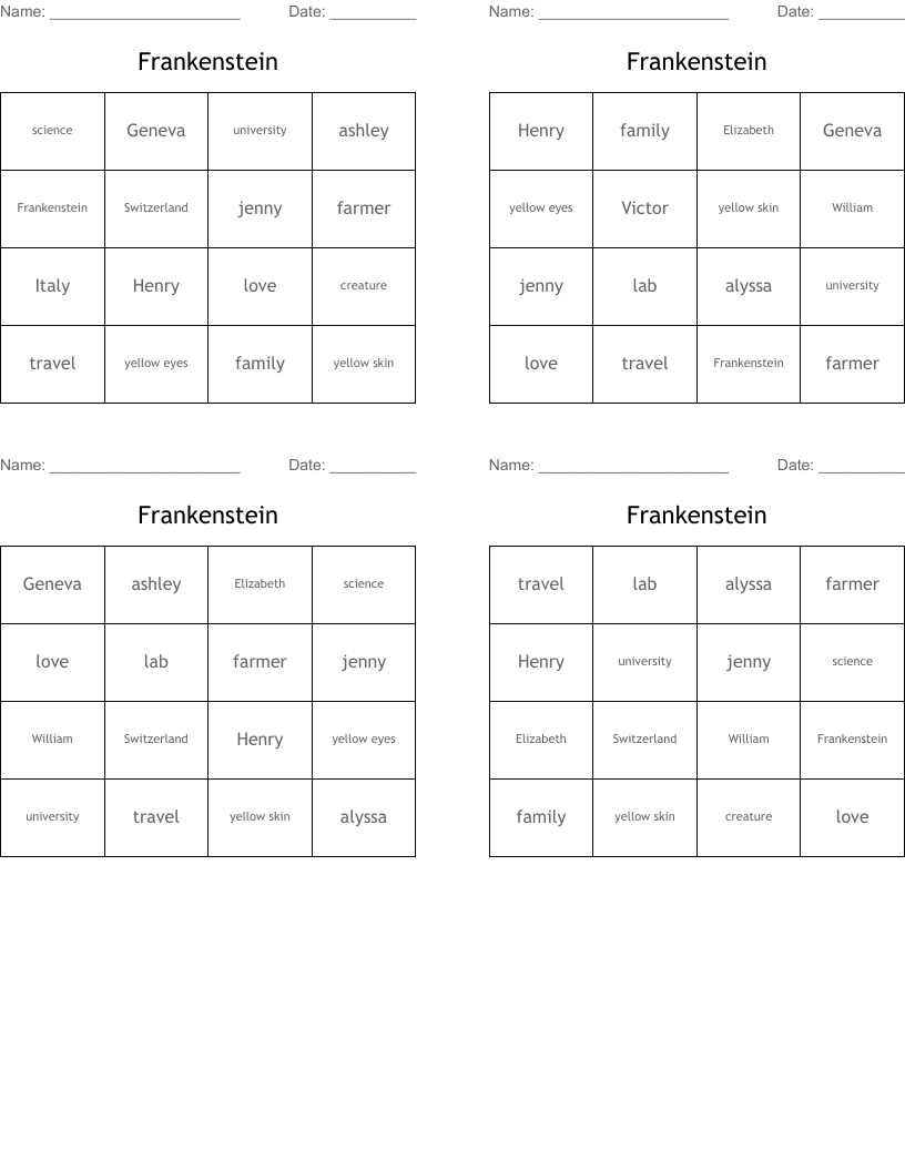 Frankenstein Bingo Cards - WordMint