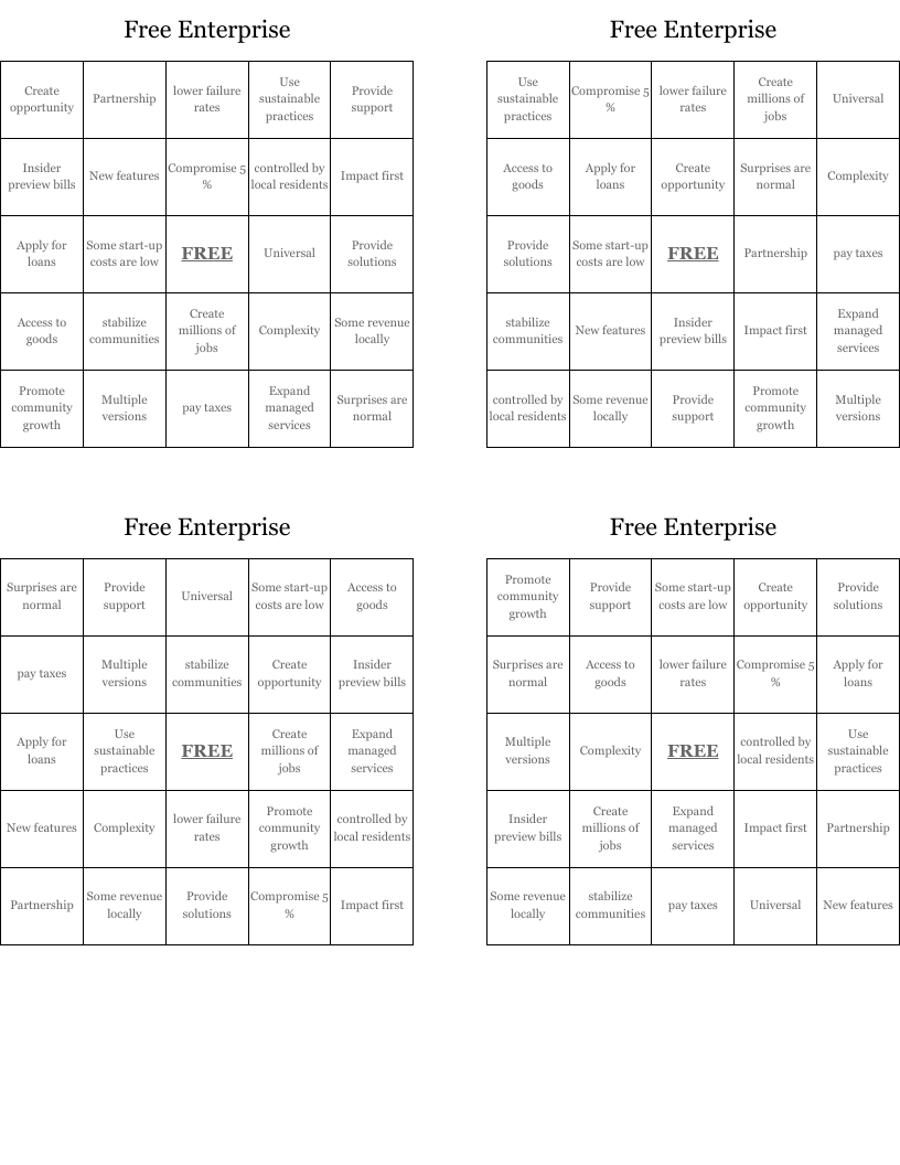 Free Enterprise Bingo Cards - WordMint