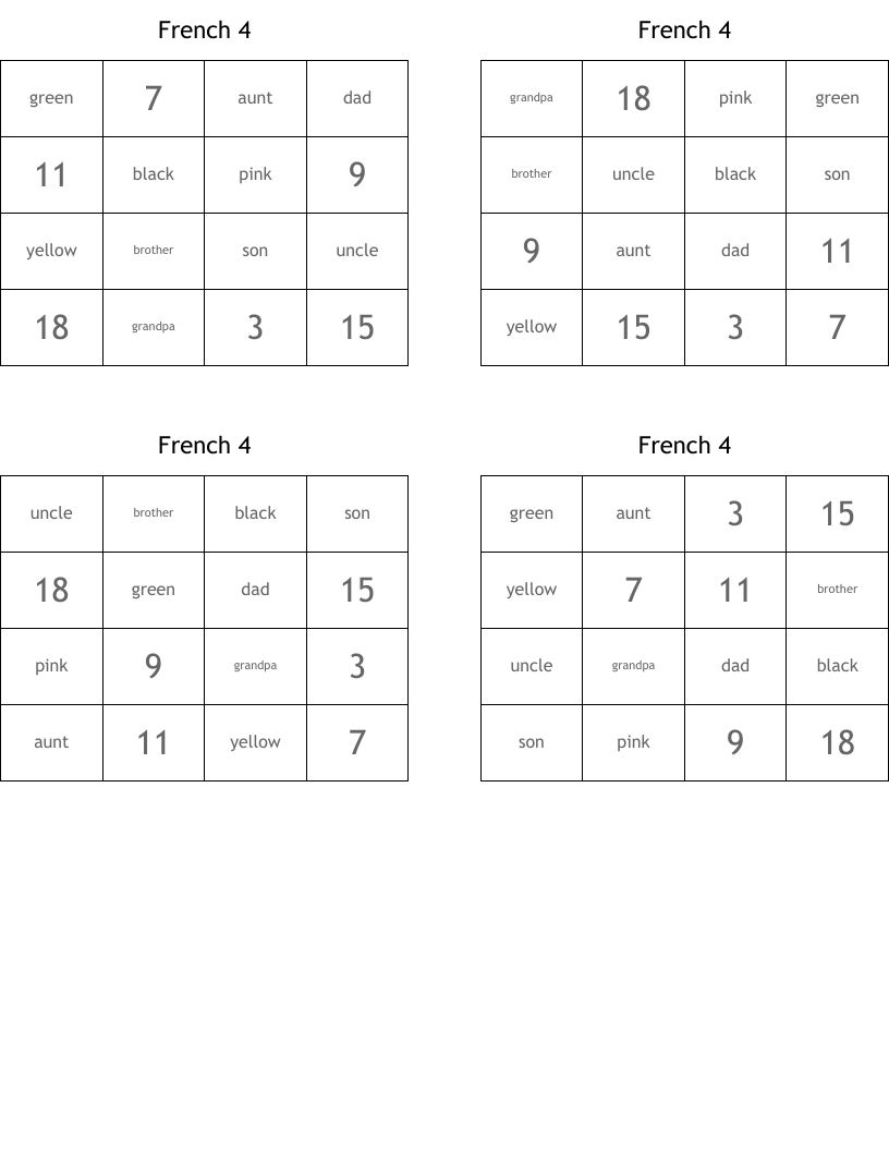 French 4 Bingo Cards - WordMint