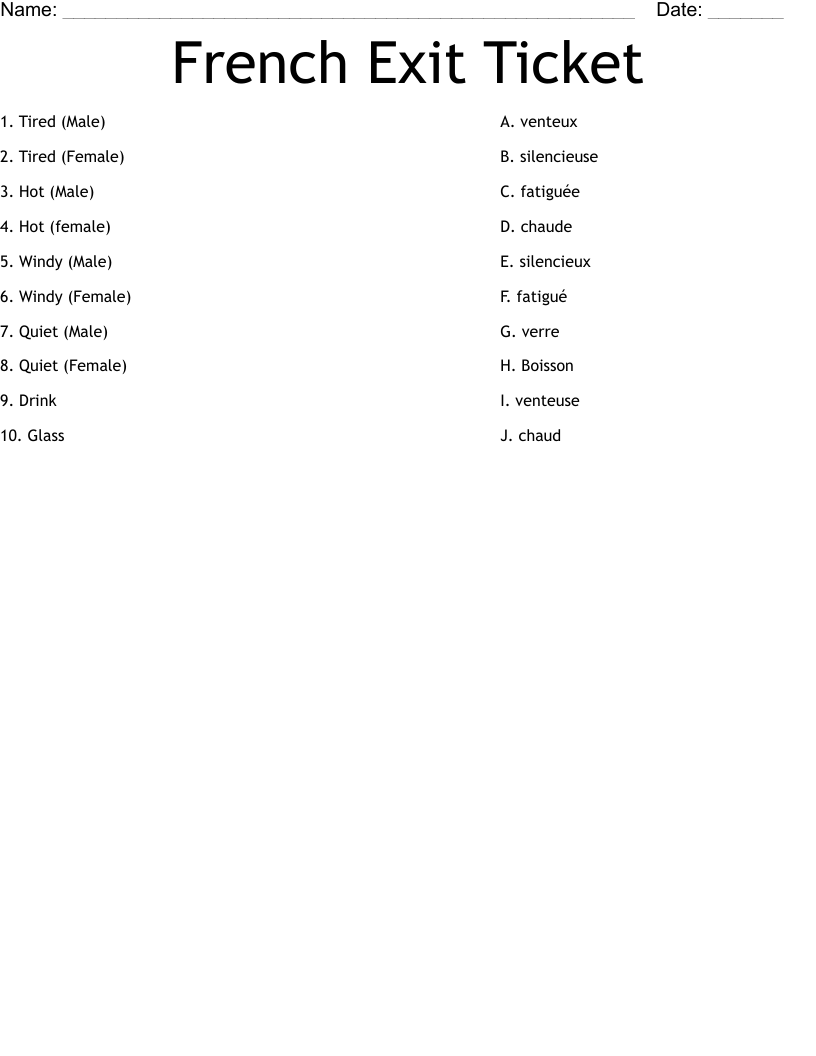 French Exit Ticket Worksheet - WordMint