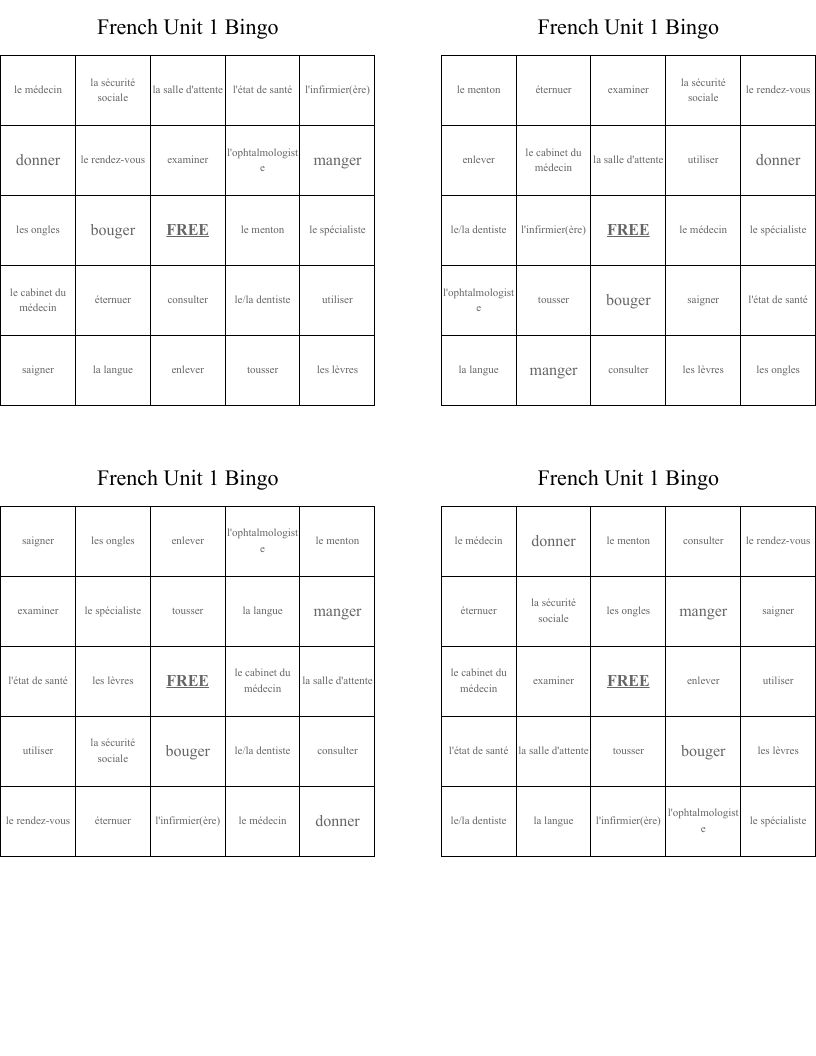French Unit 1 Bingo - WordMint